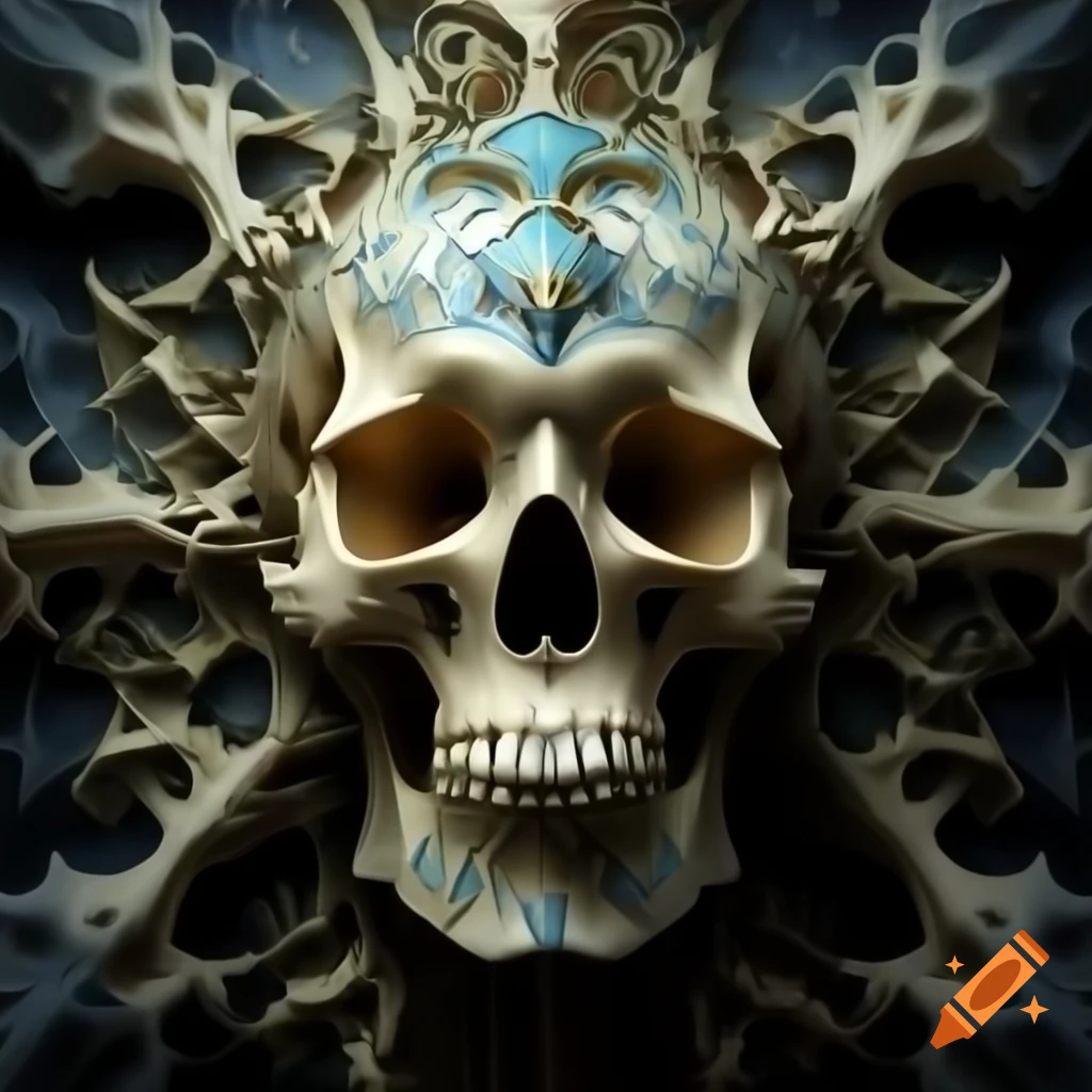 Bone skull with fractal occult and biohazard art elements on Craiyon