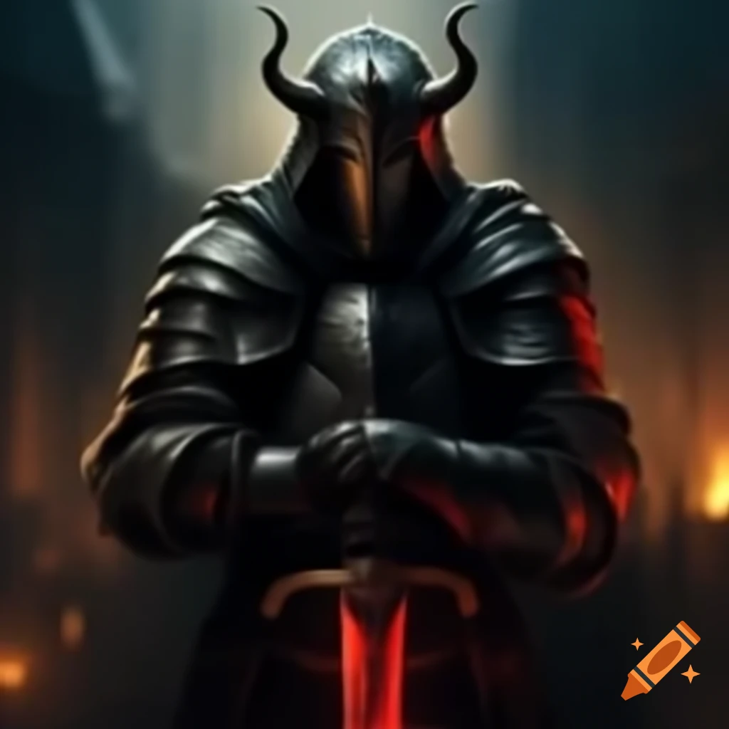 Mysterious knight with horns in black armor and cloak standing in the ...