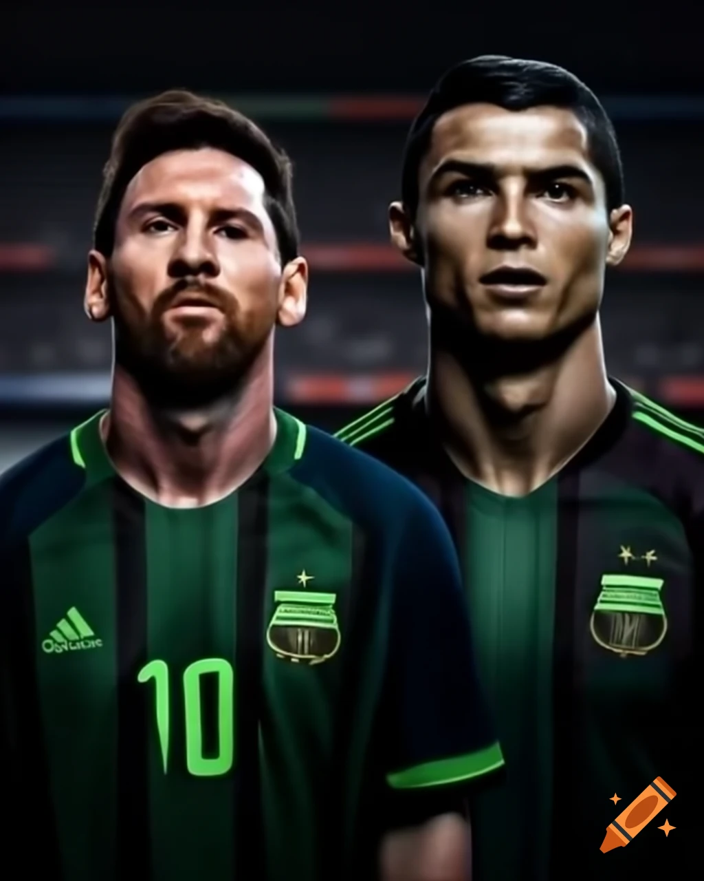 Lionel messi and cristiano ronaldo in dark green jerseys with fk lety ...