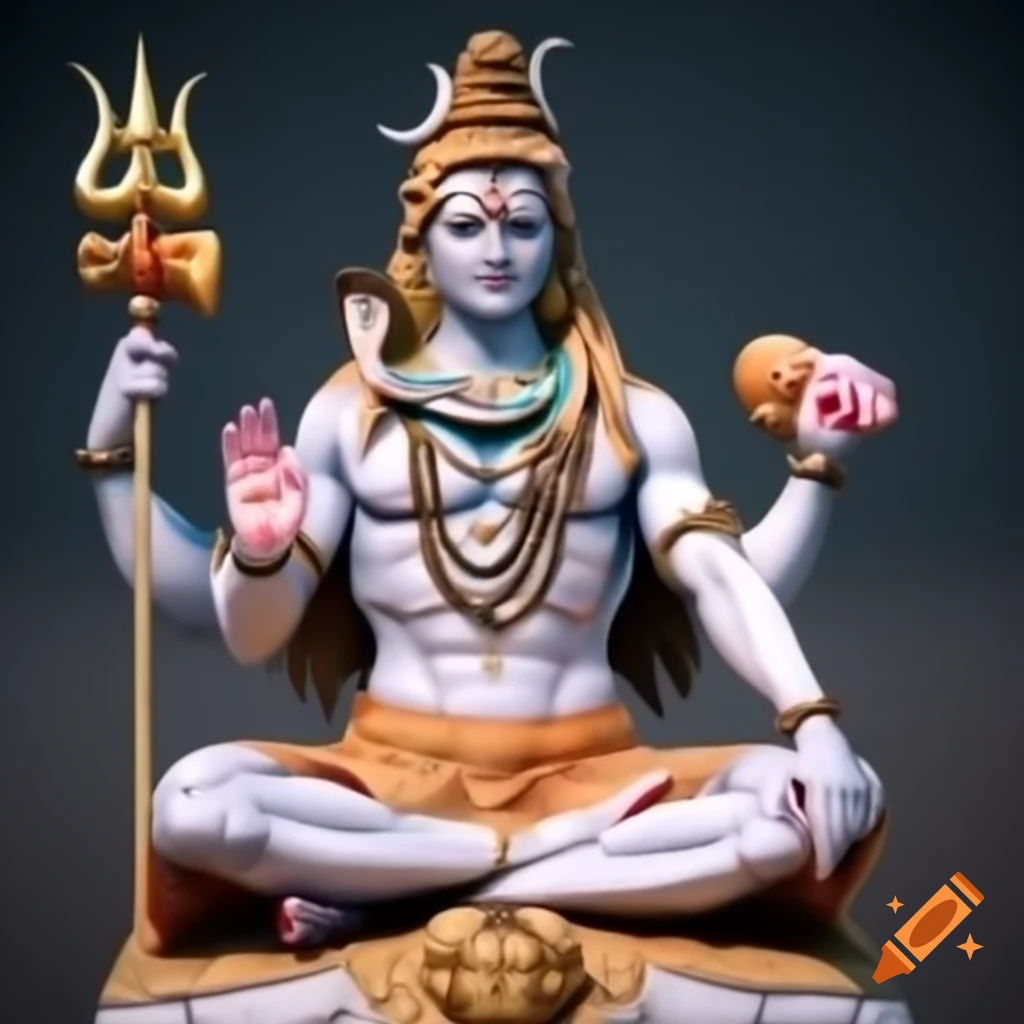Detailed statue of Lord Shiva with muscular features and golden trident ...