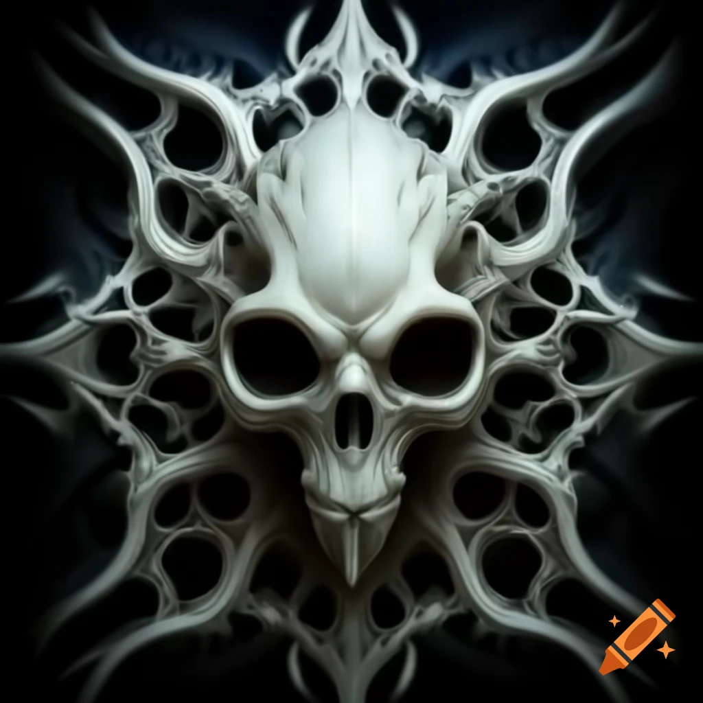 Fractal art featuring white alien skull and bone designs on Craiyon