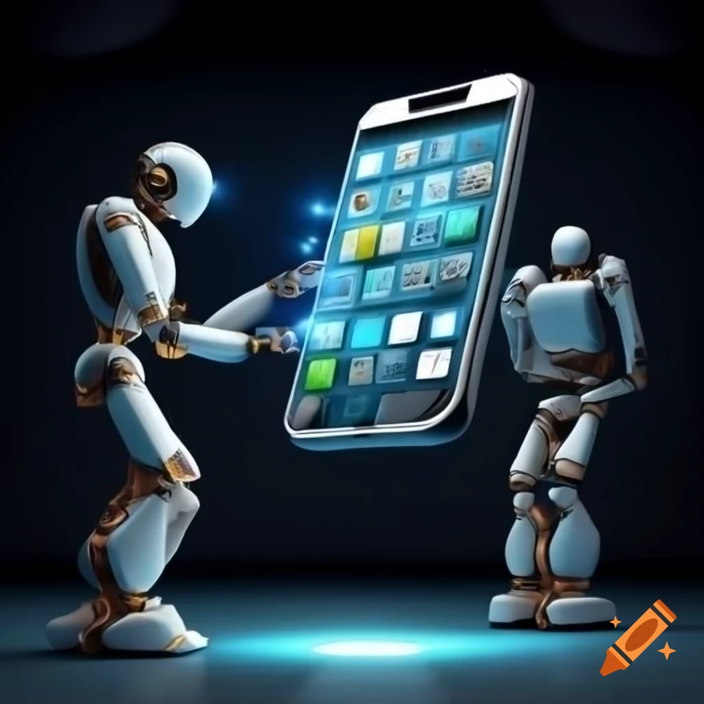 3d mobile showcasing robotic app development with dark backdrop on Craiyon