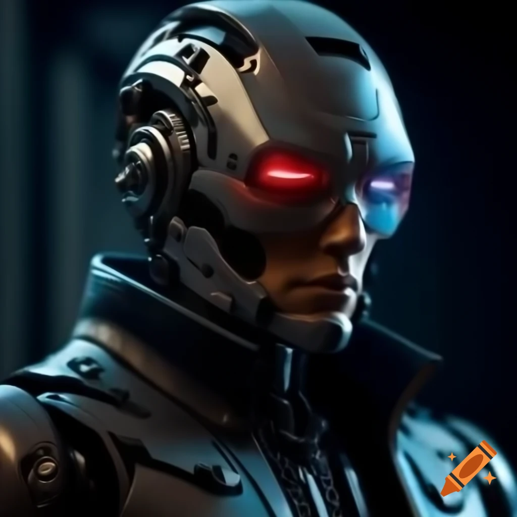 Close-up portrait of humanoid robot in dark navy blue leather-like ...