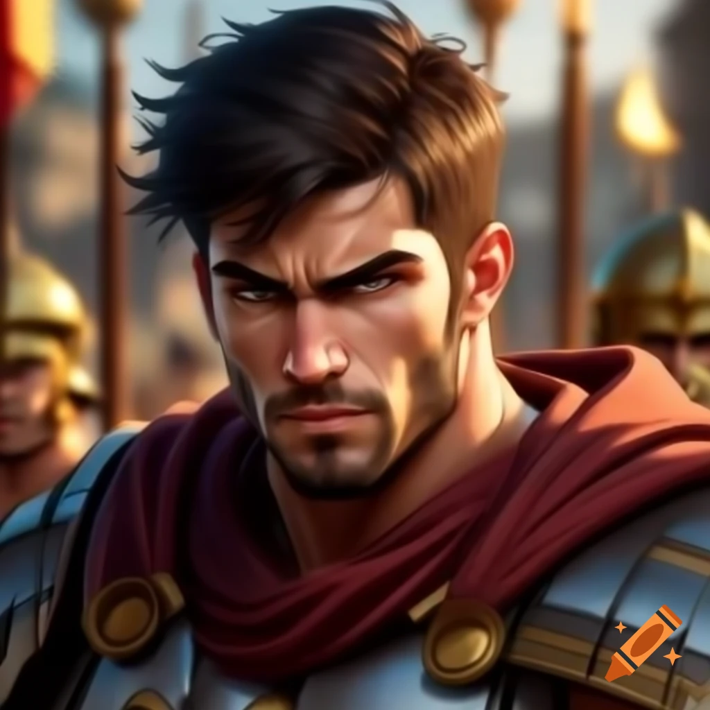 Anime style muscular Roman soldier in armor with battle scars on Craiyon