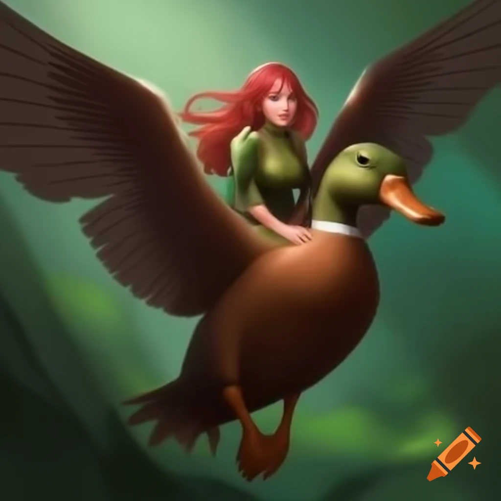 Female elf with crimson hair riding wood duck in flight from portrait ...