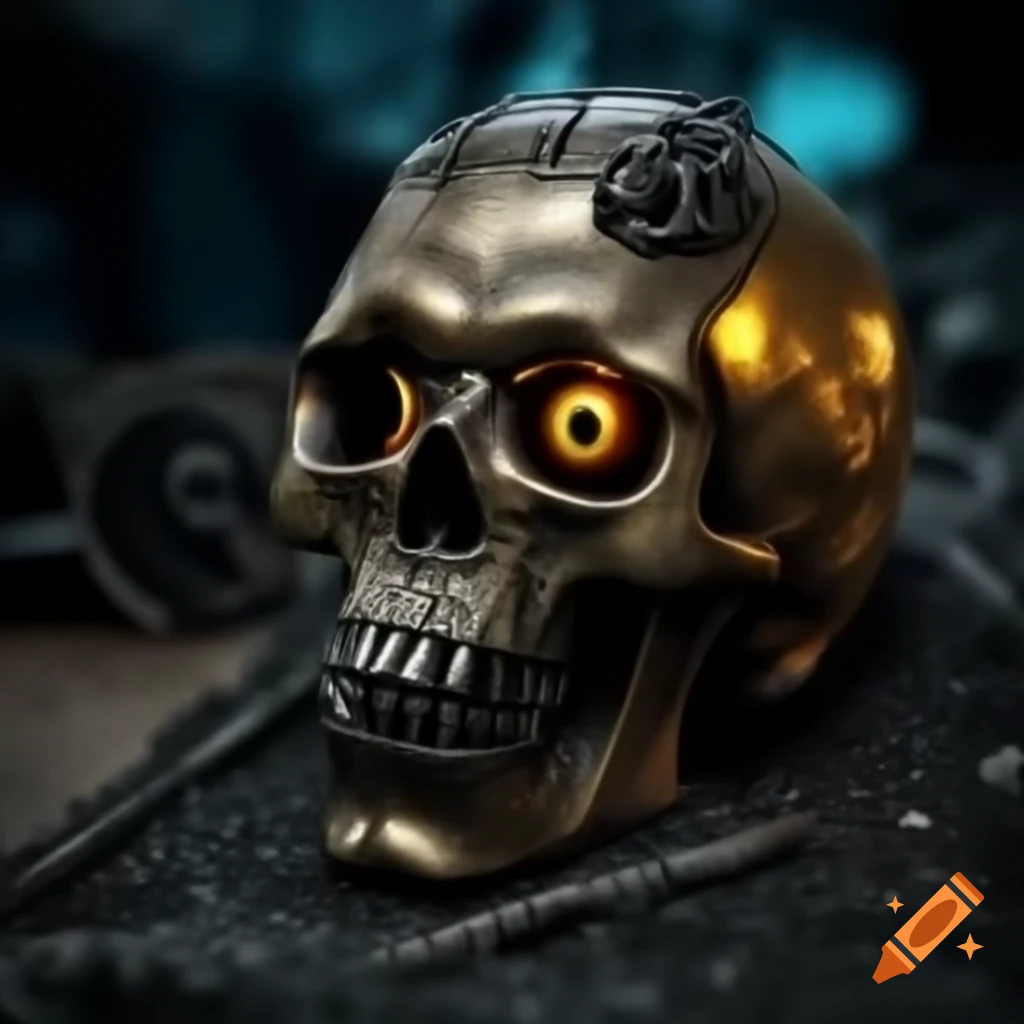 Metal human skull with illuminated eyes next to monster truck wheel on ...