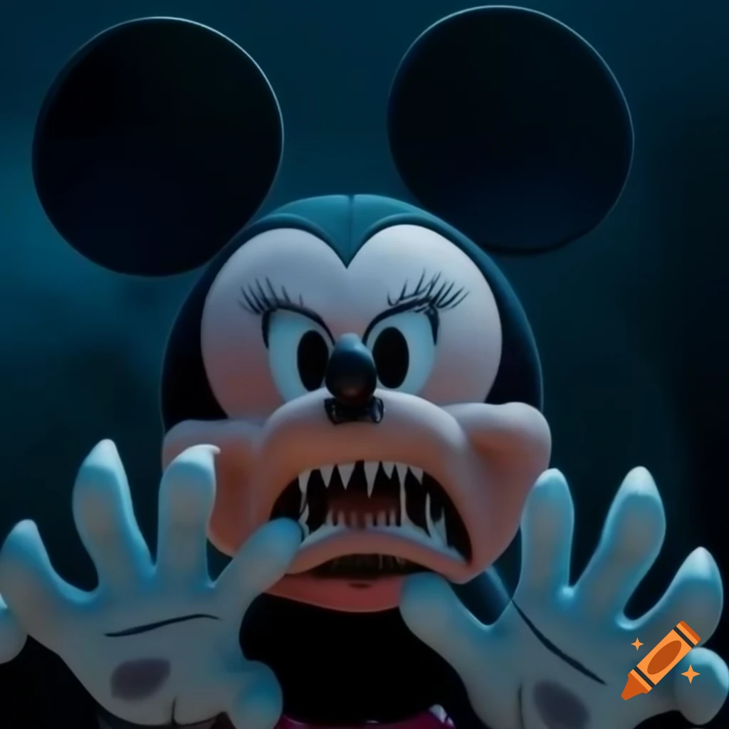 Scary, angry character resembling Minnie Mouse with claws, inspired by Tim Burton's style on Craiyon