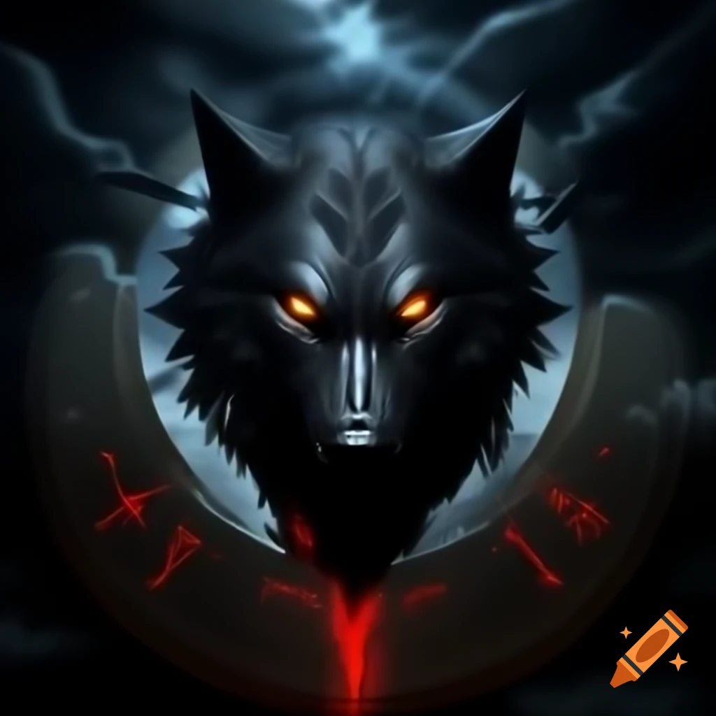 Dark stormy banner with fierce black wolf head and glowing silver eyes ...
