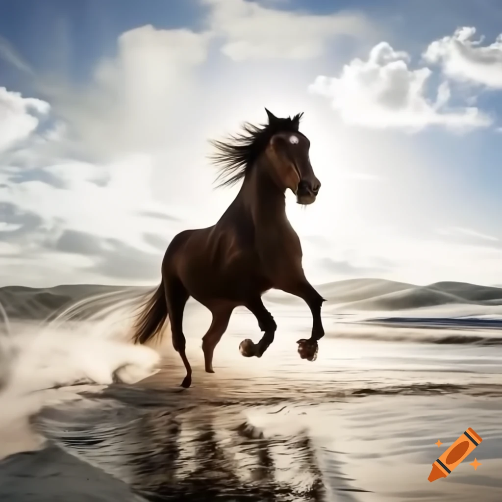 Lone horse galloping on sun-drenched beach with person running beside on Craiyon