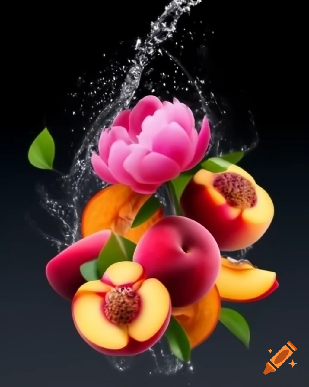 Juicy peaches and vibrant peony flower with refreshing water spray in 3D effect on Craiyon