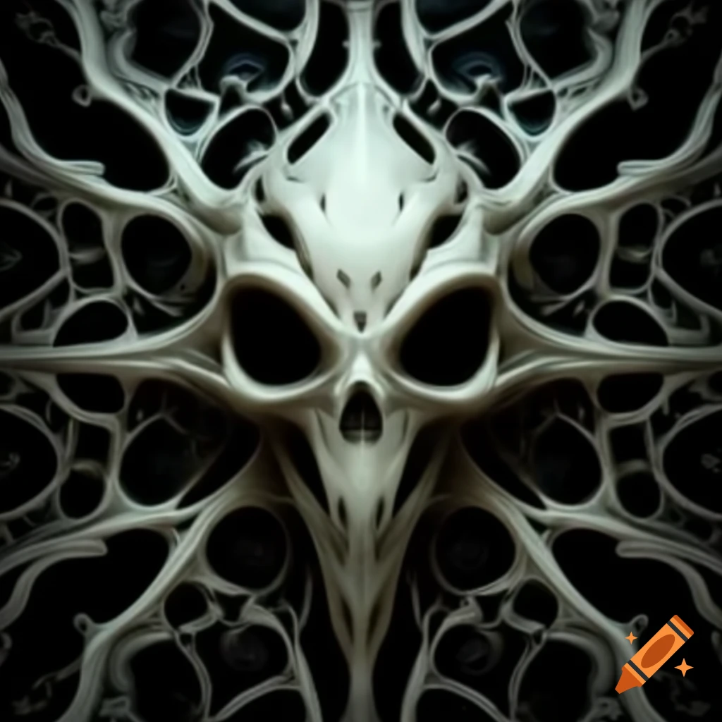 Fractal art of white alien skull with bone designs on Craiyon