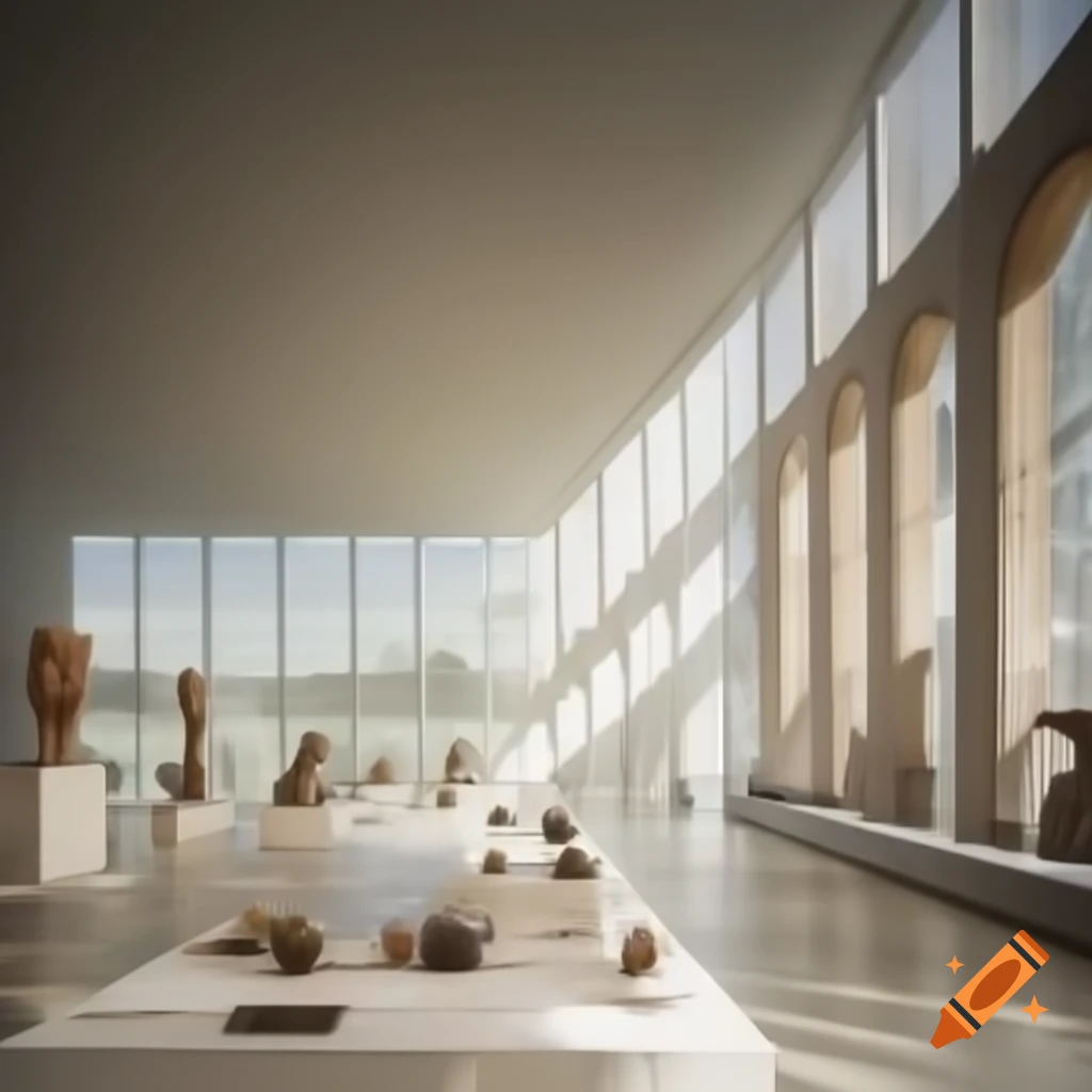 Spacious museum interior with glass walls showcasing ancient artifacts ...