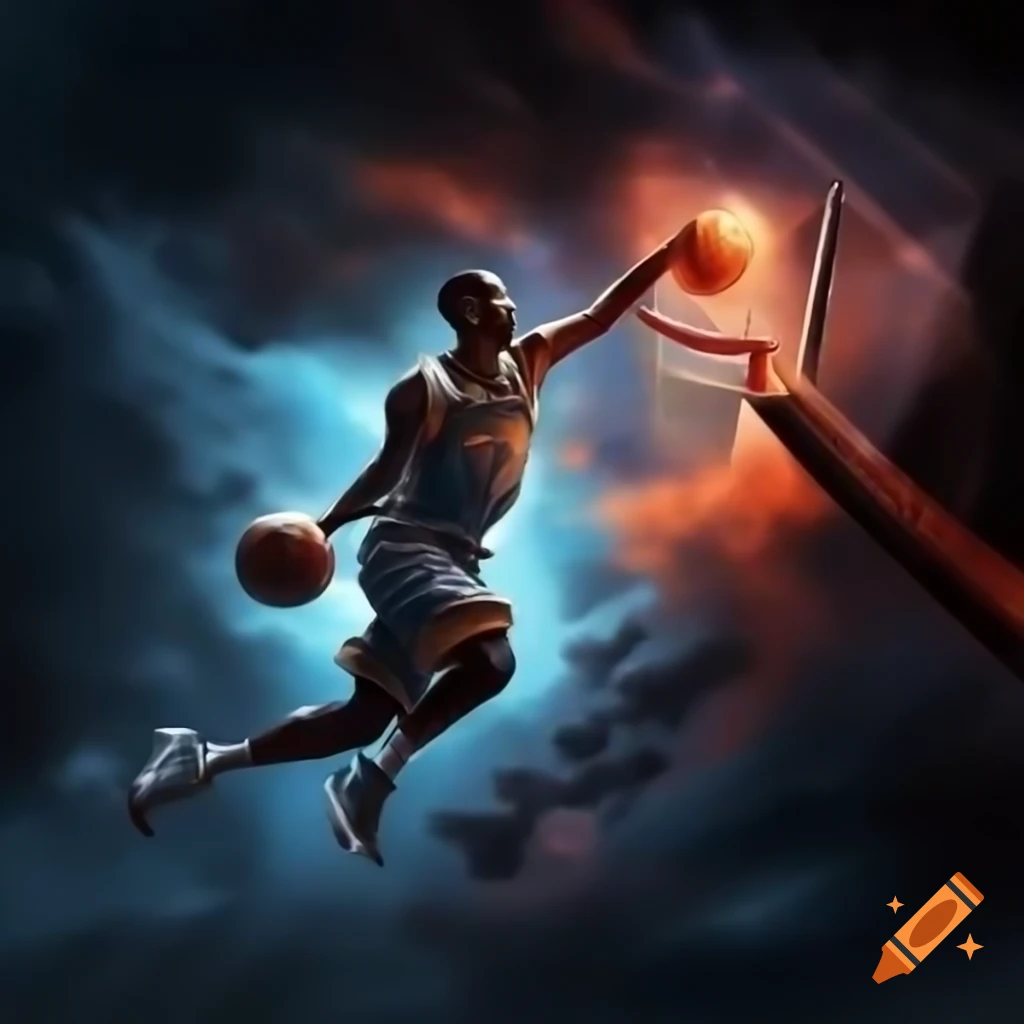 Oil painting of basketball player dunking depicted as a nebula ...