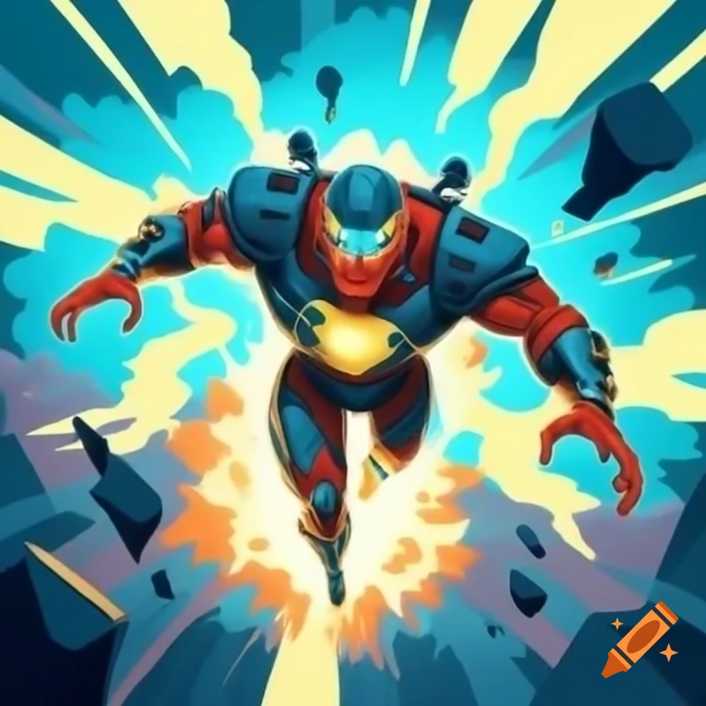 Electro-charged hero flying with jetpack, engaging monstrous foes in ...