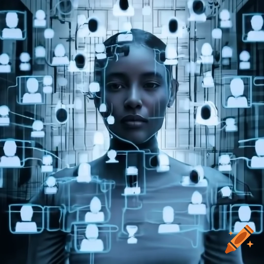 Illustration of artificial intelligence enhancing public healthcare with diverse human figures ...