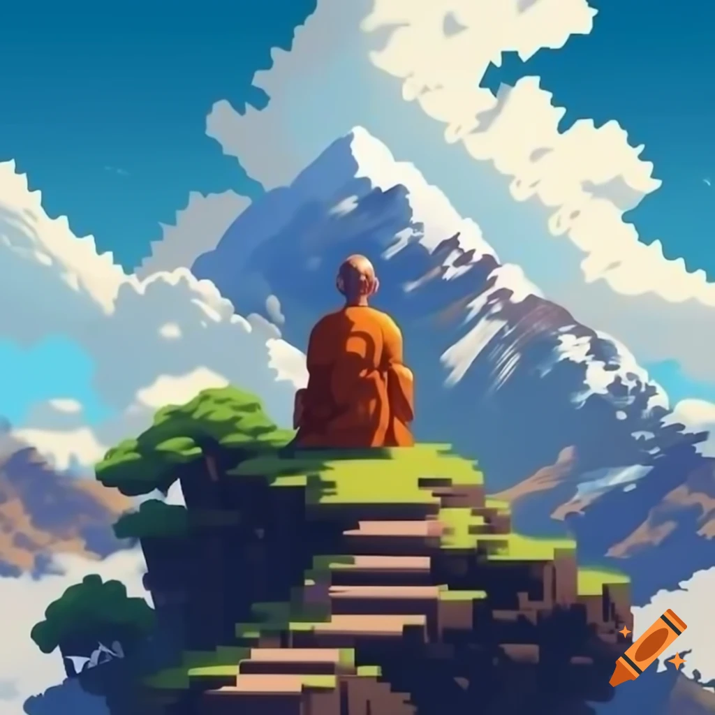 Pixelated monk achieving enlightenment on retro mountain, 8-bit digital ...