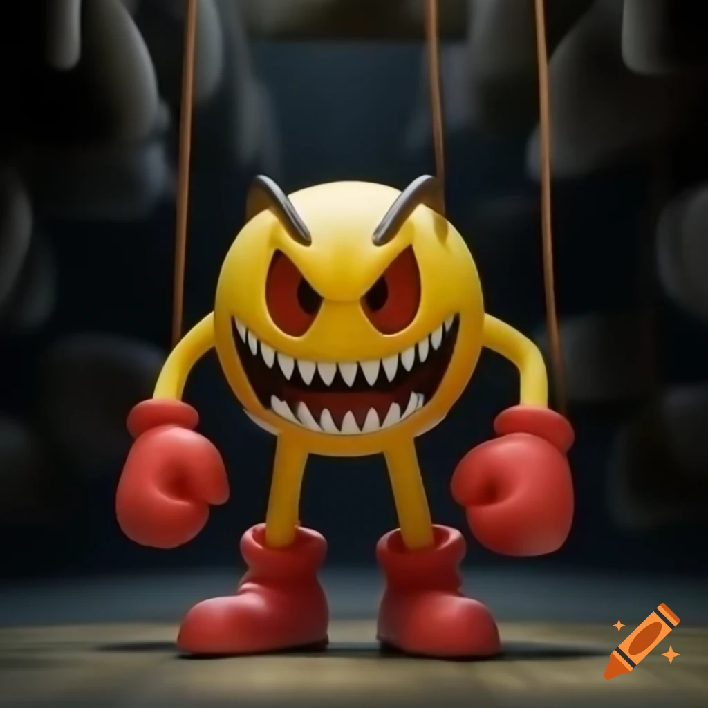 Towering Pac-Man figure with sharp teeth and drooping smile on Craiyon