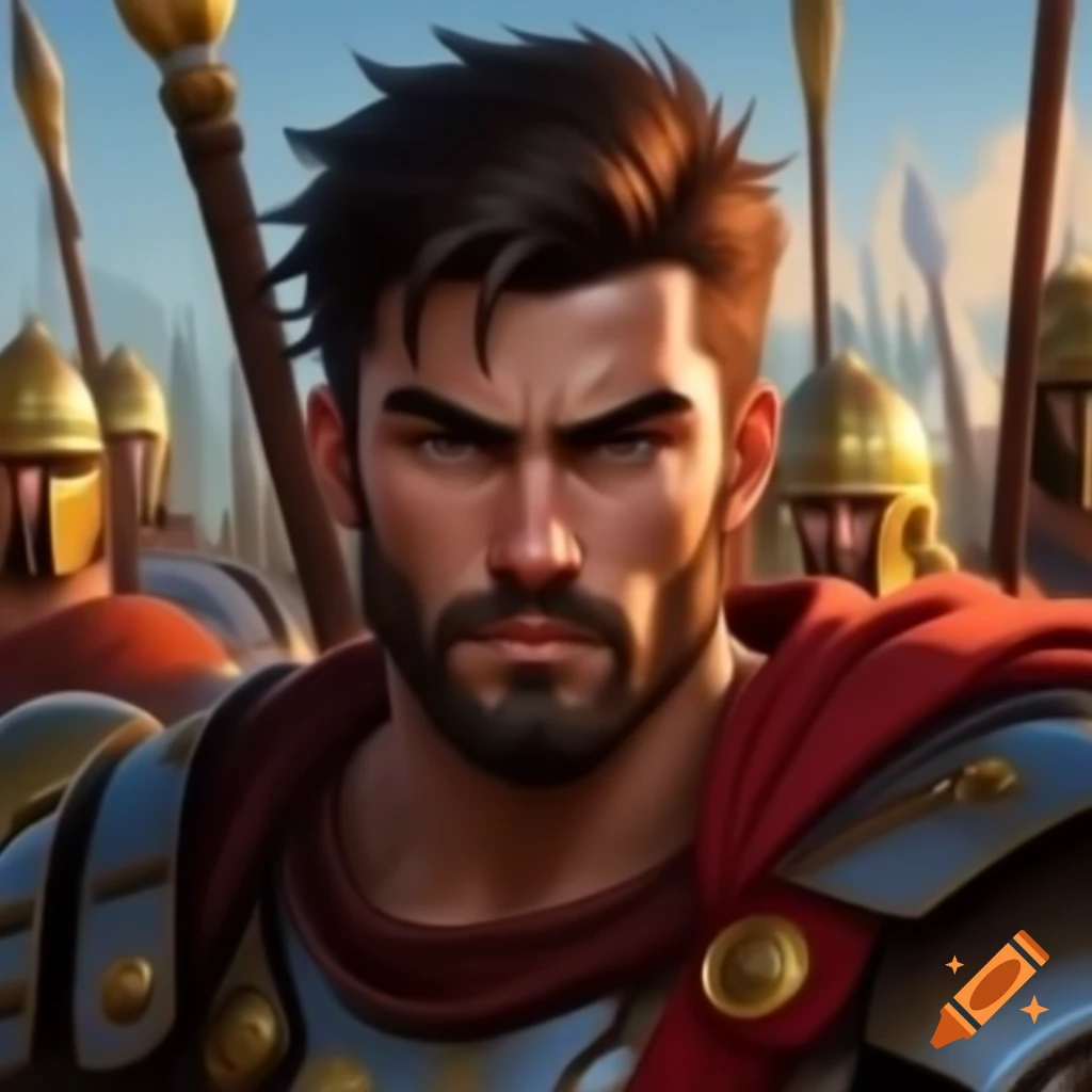 Anime style muscular roman soldier in armor with battle scars on Craiyon