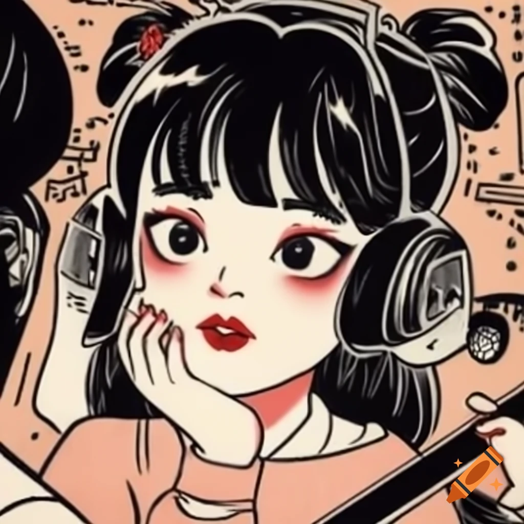 Woodblock-style illustration of young woman auditioning for k-pop band ...