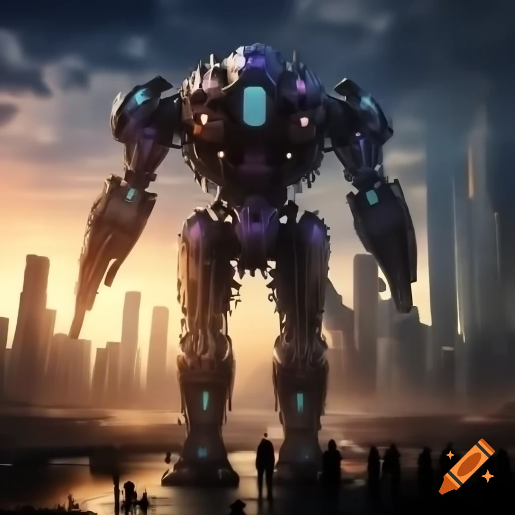 Futuristic city transforming into giant robot with neon lights and ...