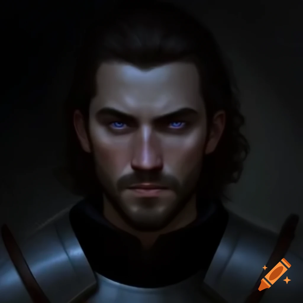 Medieval officer in worn armor, blue eyes, serious expression on Craiyon