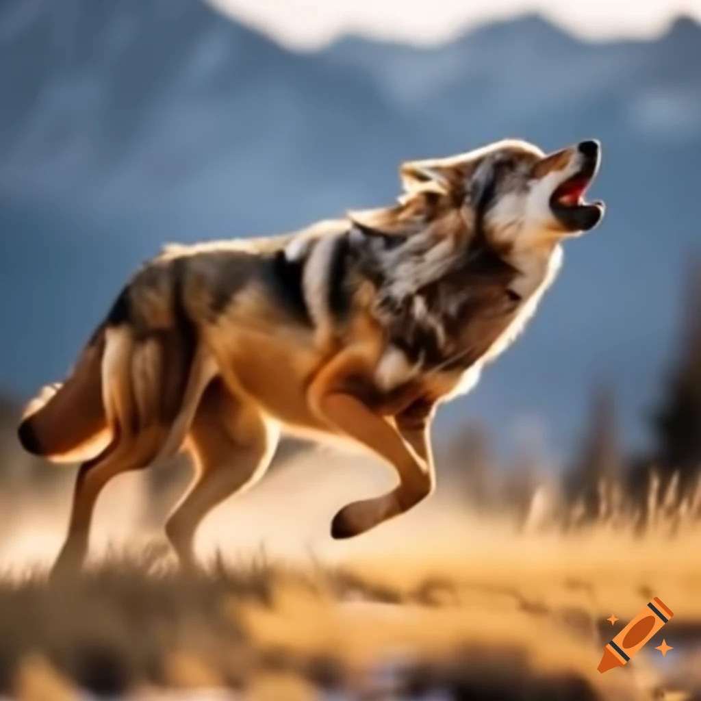 Realistic brown female wolf sprinting through landscape with grass and ...