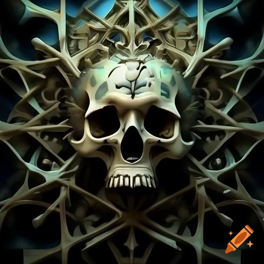 Bone skull with fractal occult and biohazard art elements on Craiyon
