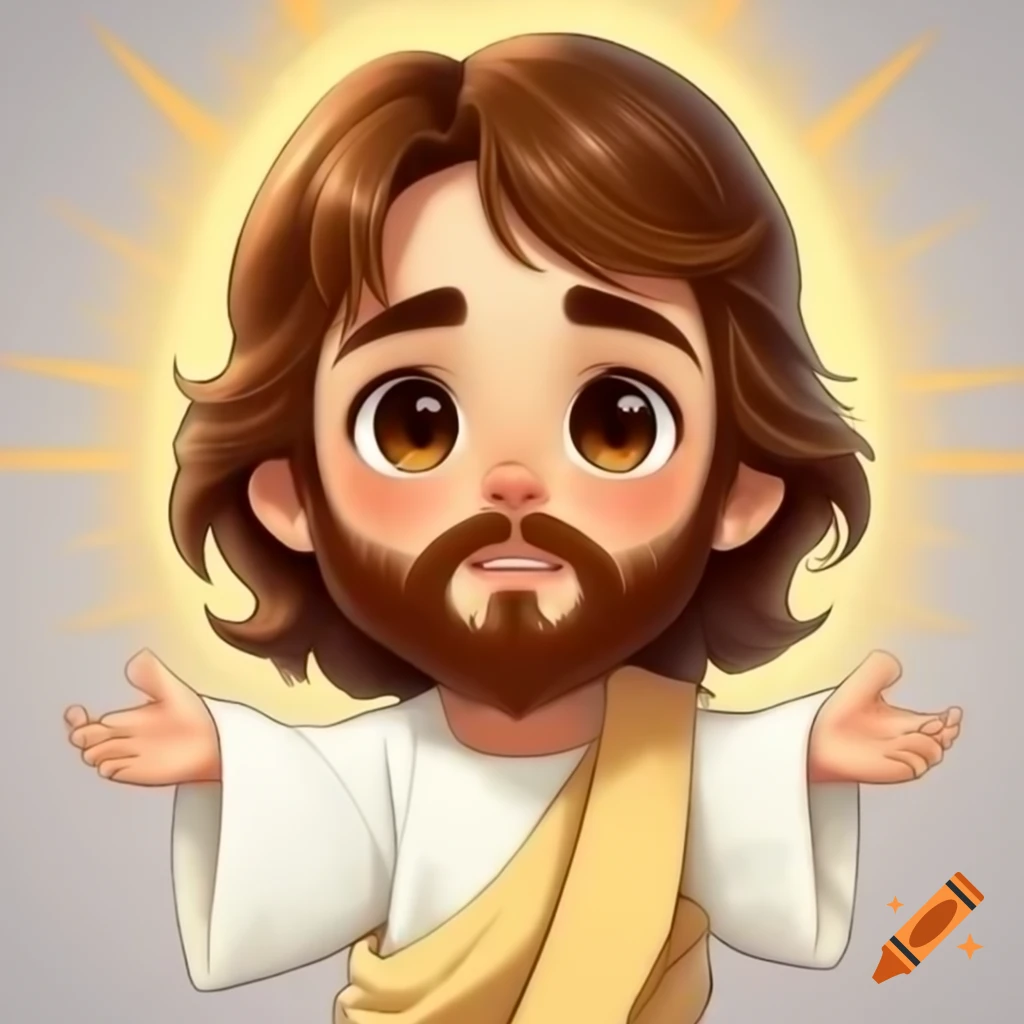 Chibi anime rendering of Jesus Christ with brown hair and white robe on ...