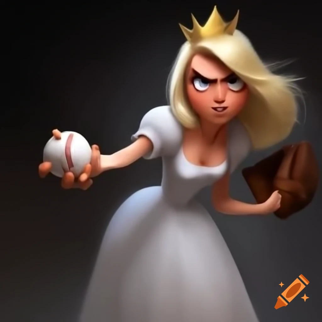 Blonde princess in gown pitching a baseball with an angry expression on ...