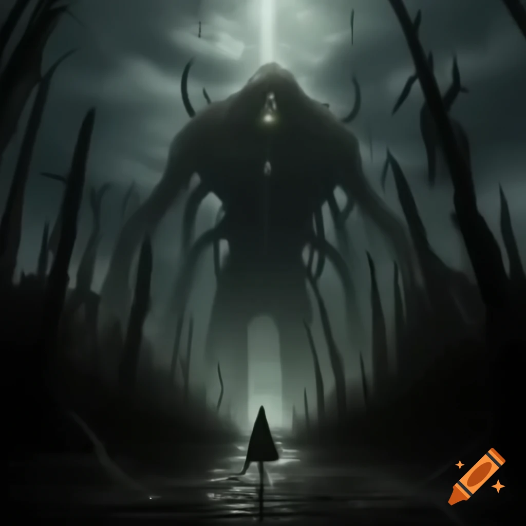 Eldritch horror with metallic tendrils in a desolate landscape on Craiyon