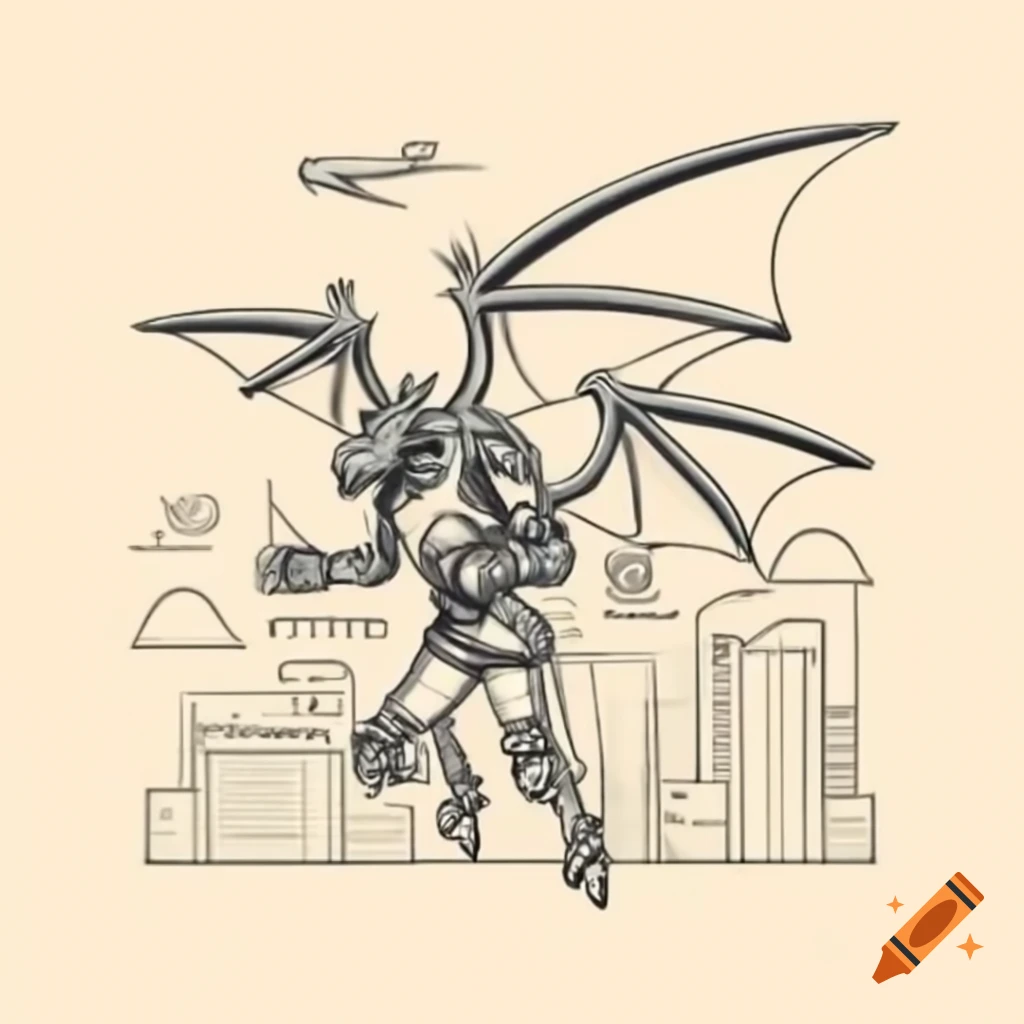 Half robot half gargoyle flying over a city skyline on Craiyon