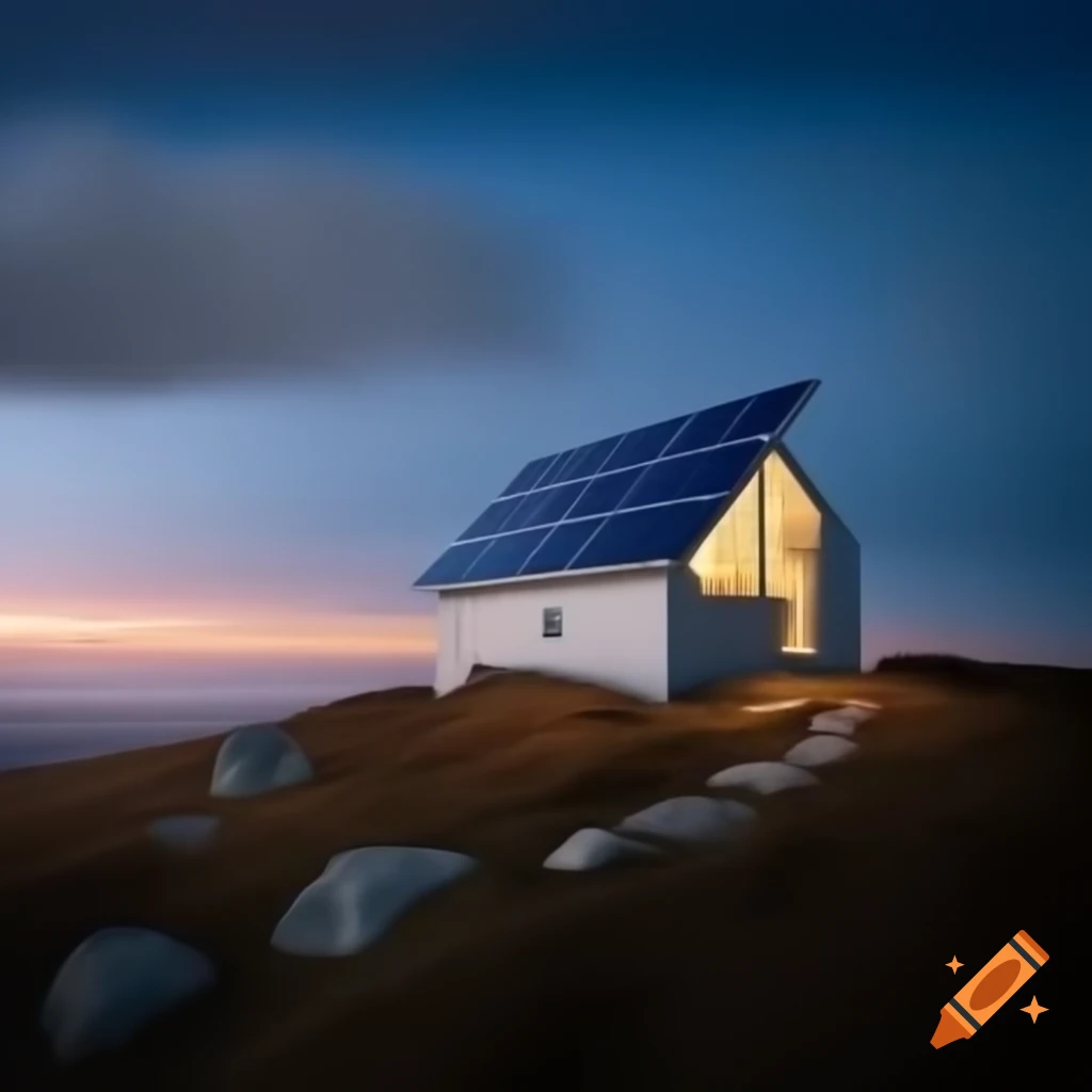 Solar powered house illuminated on a hill at night on Craiyon