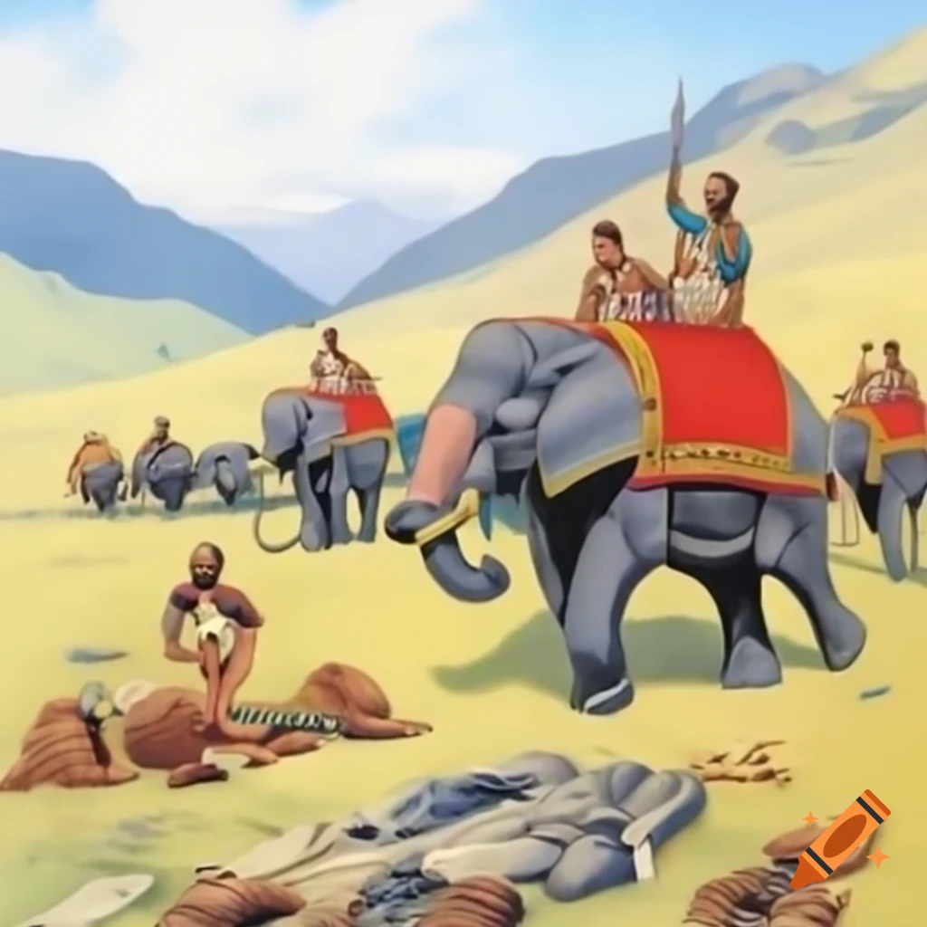 Hannibal leading war elephants across the Alps with Roman soldiers ...