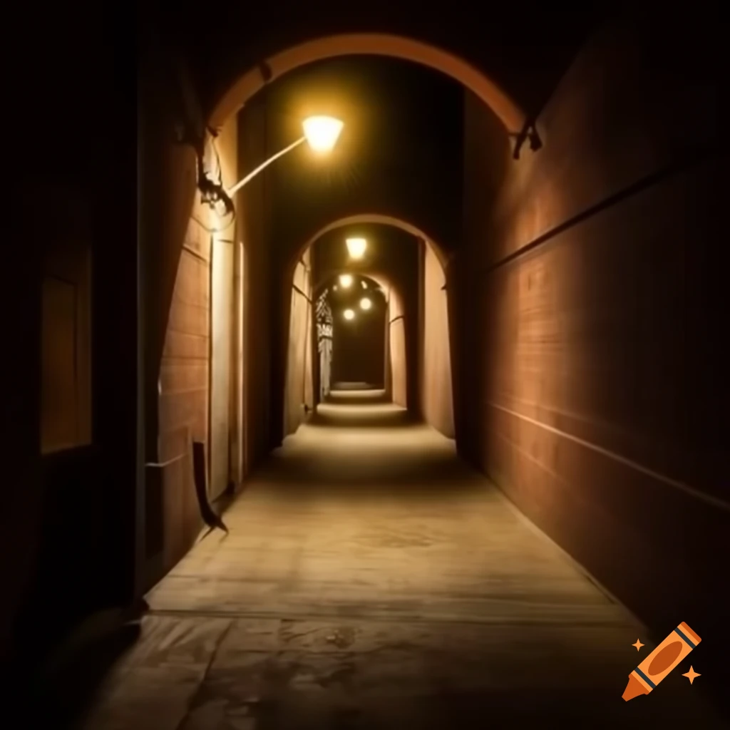 Ethereal streetlights illuminating a narrow brick alleyway with light ...