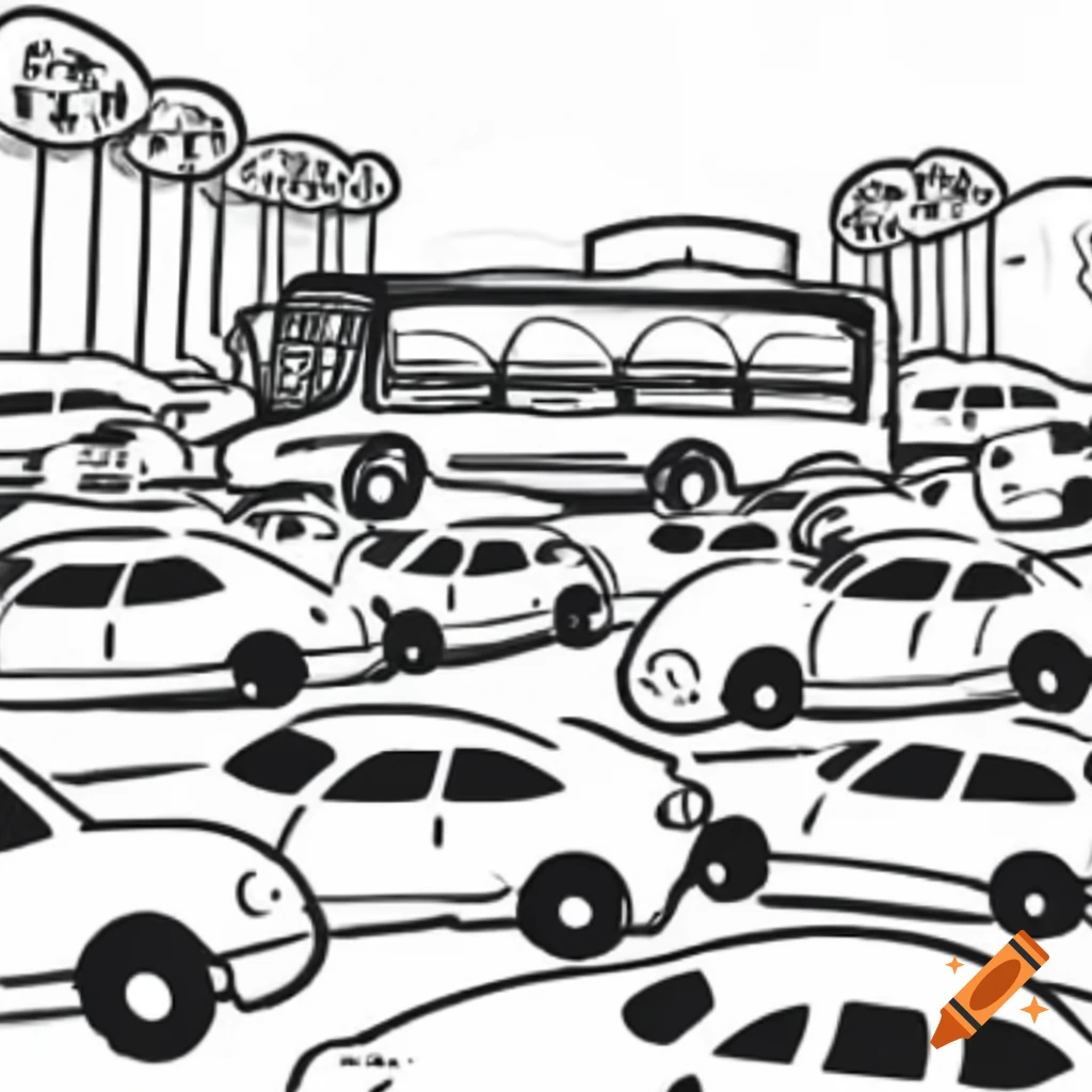 Cartoon drawing of a bus in traffic congestion with cars, black and ...