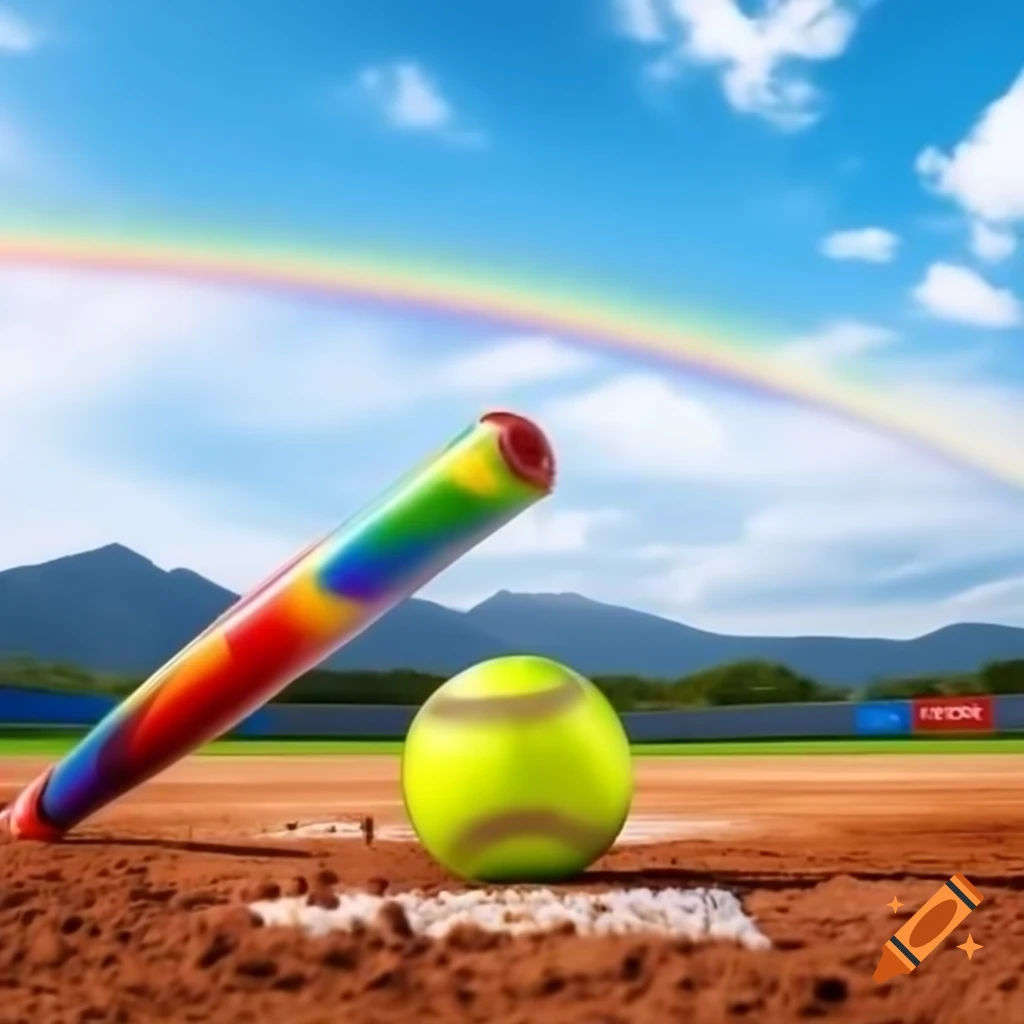 Rainbow emerging from a softball with blue sky and mountains on Craiyon
