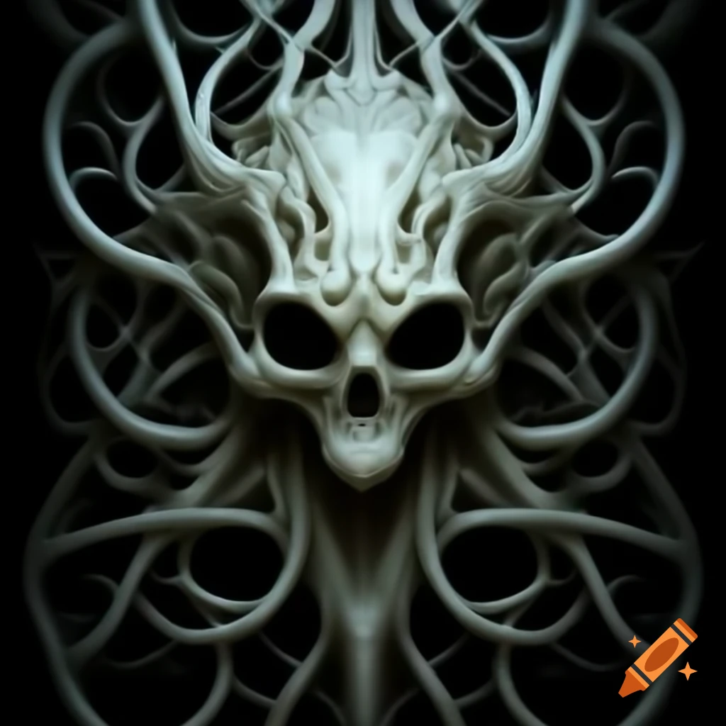 Fractal art of white alien skull with bone designs on Craiyon