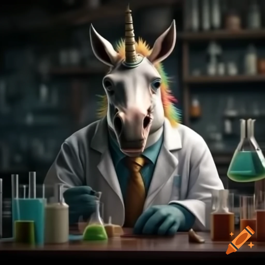 Whimsical unicorn scientist researching in lab with frown on Craiyon