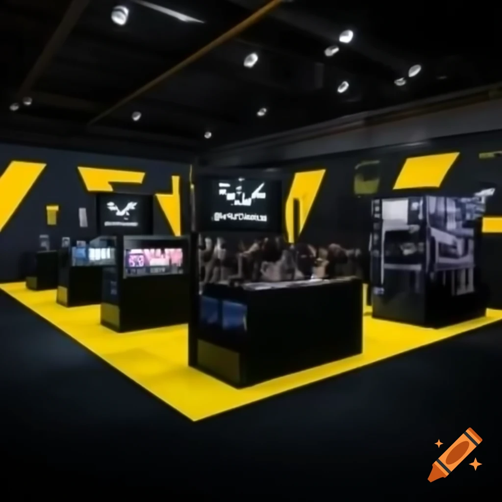 Esports merchandise stall featuring a black and yellow color theme on ...