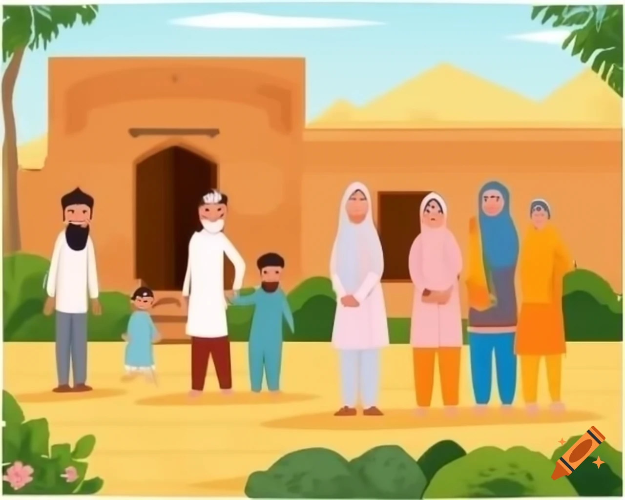 Family and guests in rural pakistani farmhouse courtyard, wearing ...