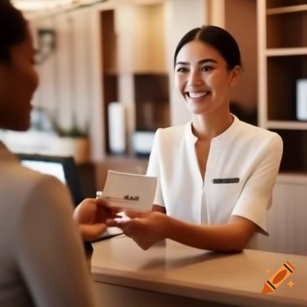 Friendly hotel receptionist smiling and handing key card to guest ...