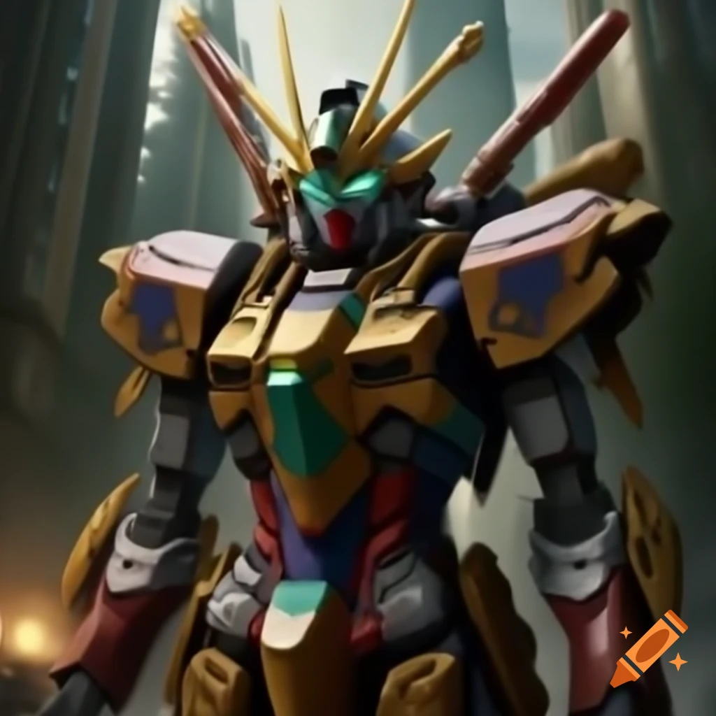 Bipedal insect in Gundam-inspired armor among towering buildings on Craiyon