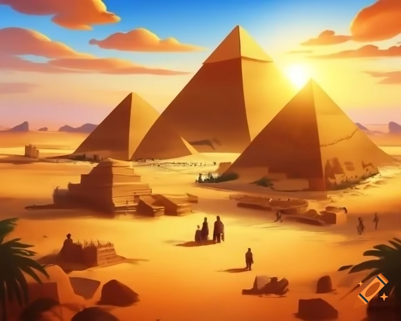 Aerial view of ancient Egypt with pyramids at sunrise in Pixar animated ...