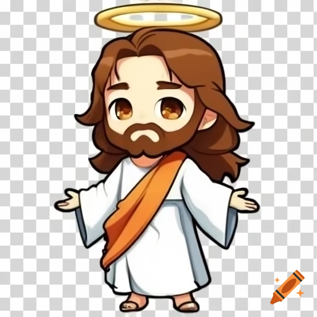 Chibi anime-style Jesus Christ with brown hair and kind eyes, wearing a ...