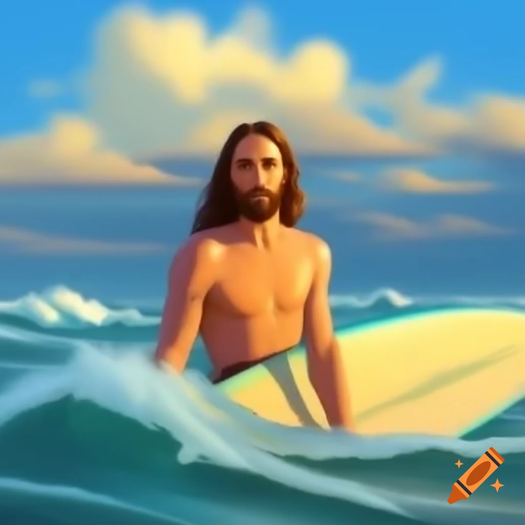 Jesus surfing on a wave on Craiyon
