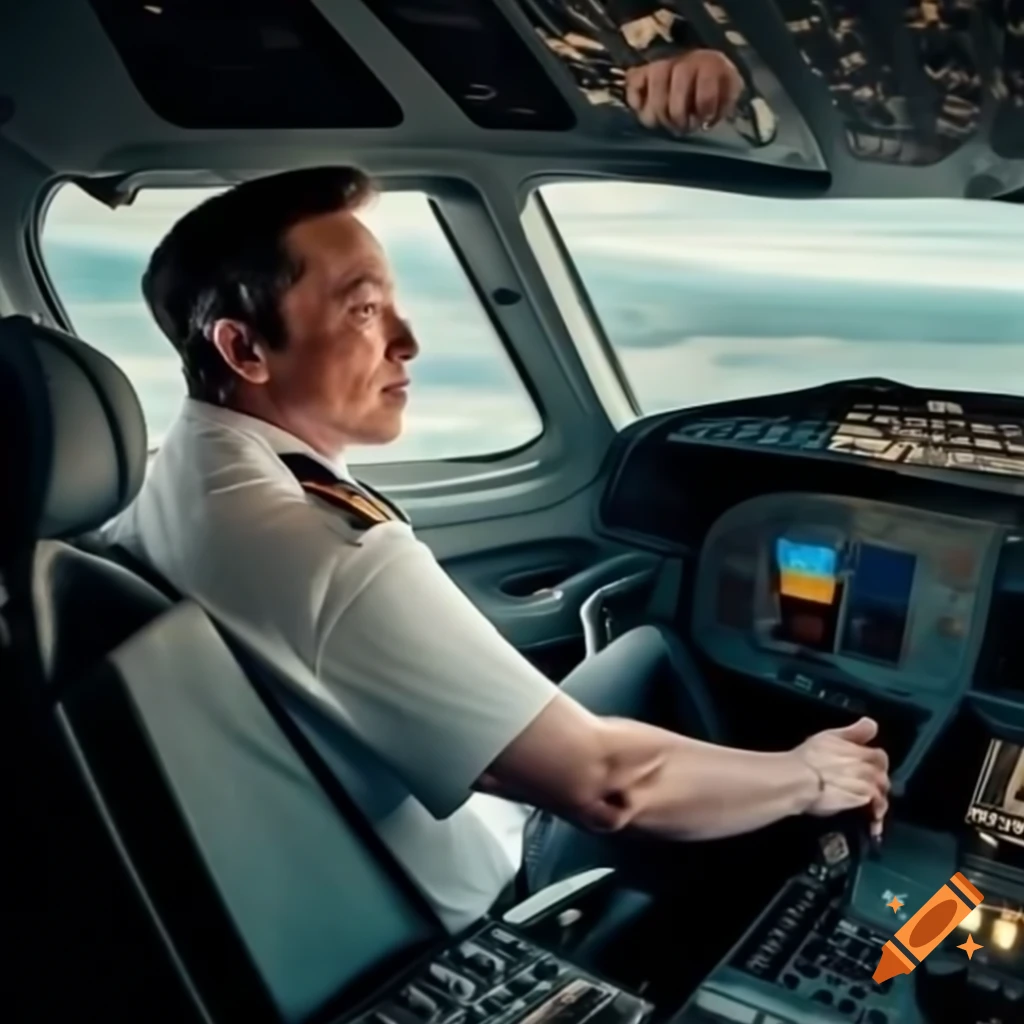 Elon musk dressed as an airline pilot in cockpit setting on Craiyon