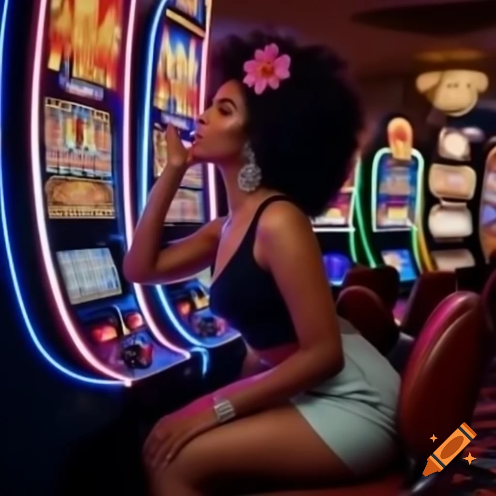 Pacific Black woman with flower in her ear at vibrant casino slot ...