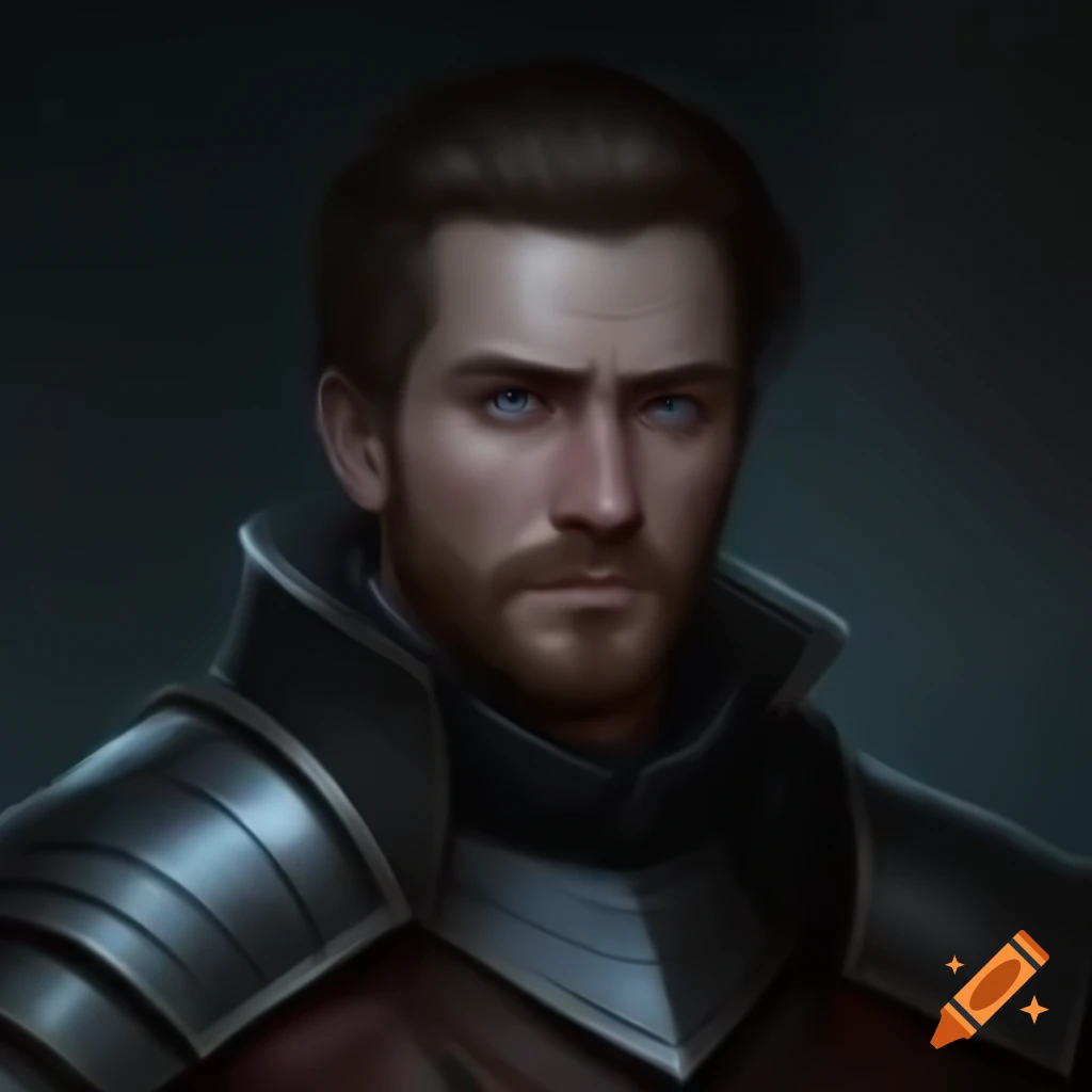 Medieval officer in dark armor with blue eyes and serious expression on ...