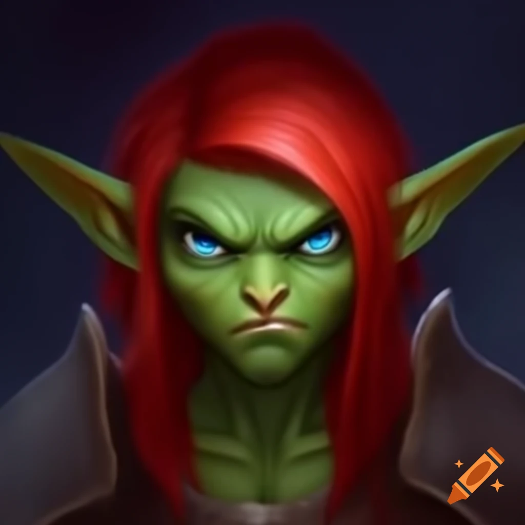Angry female goblin with sharp teeth, red hair and blue eyes on Craiyon