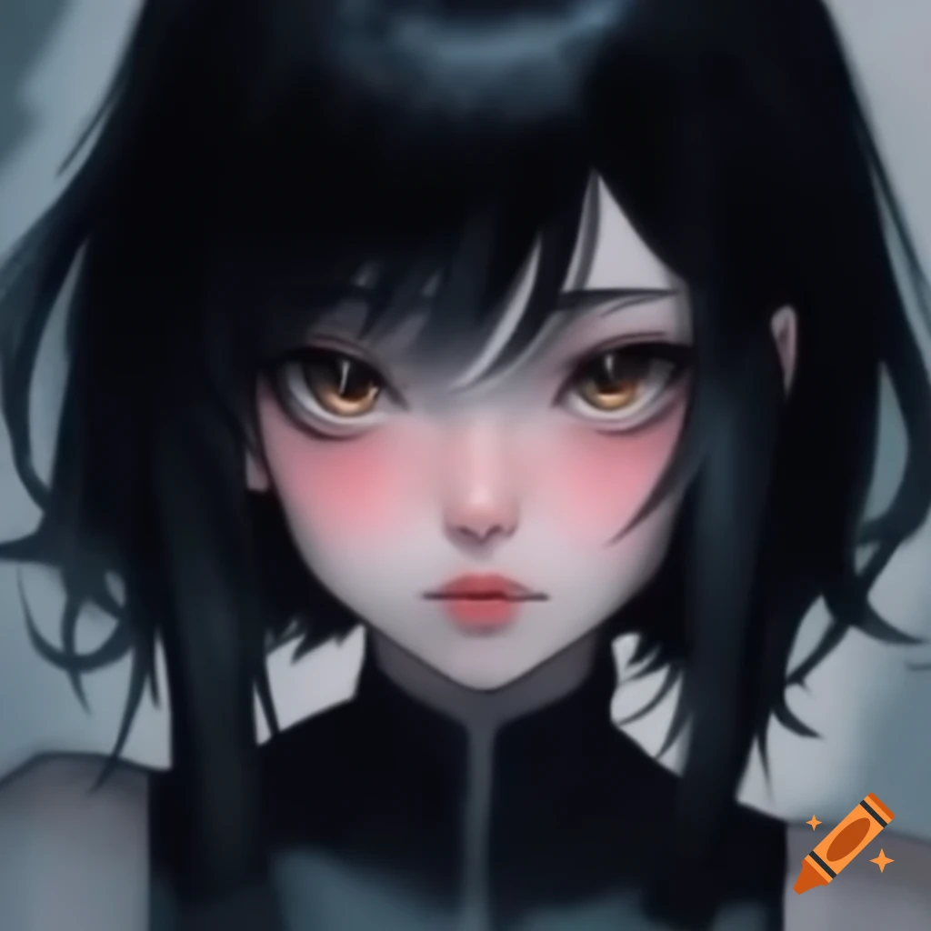 Anime girl with black hair and expressionless face in dark setting on ...